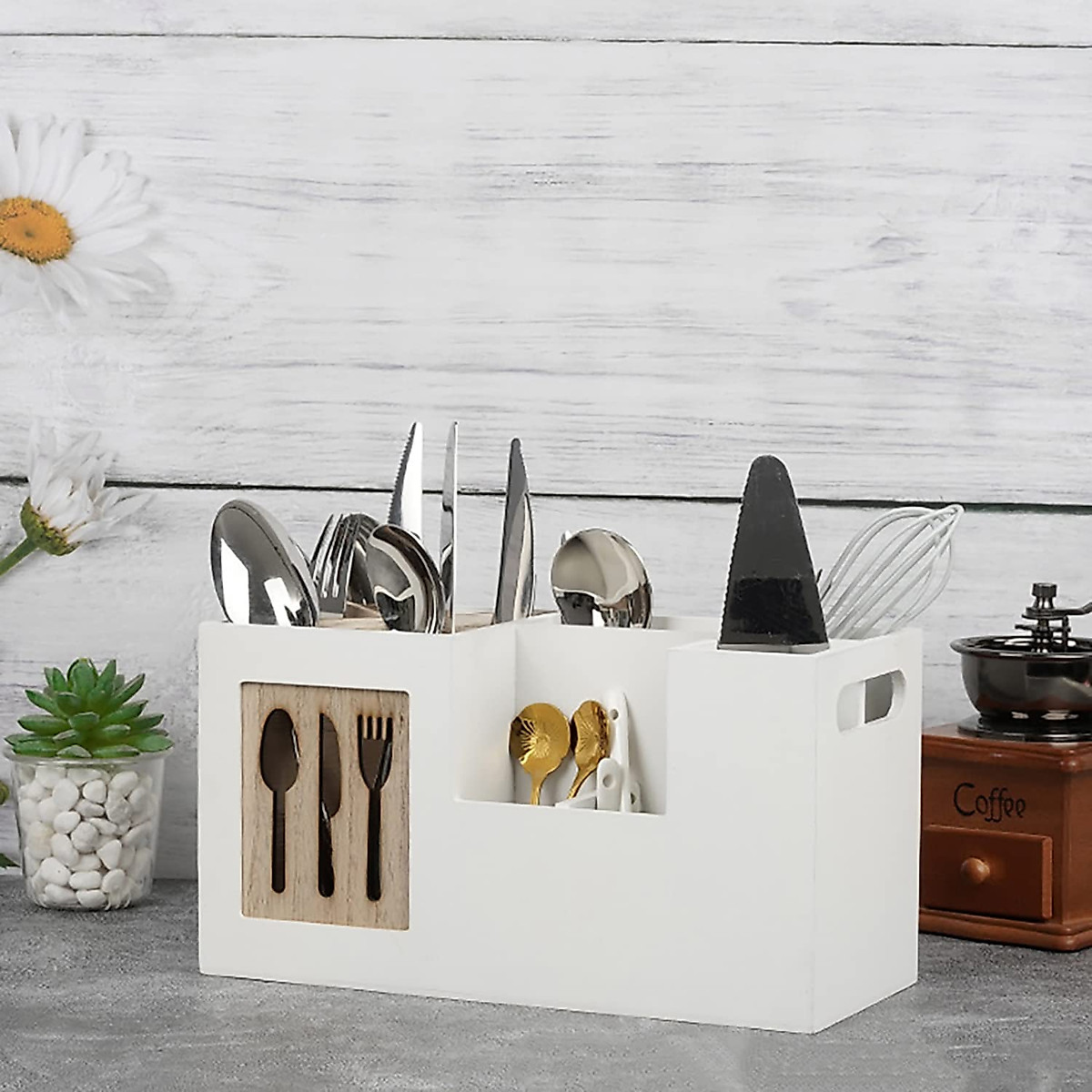 CBEYNCHOS Wooden Utensil Holder Cutlery Caddy,Flatware Organizers for Forks Spoons Knives Cooking Tools,Large Capacity,Kitchen Table Decor for Party Bar and Home use (Simple White A)