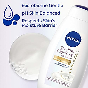 NIVEA Sensitive and Radiant Body Wash with Nourishing Serum, Provitamin B5 and Pearl Extract, 20 Fl Oz Bottles, 3 Count (Pack of 1)