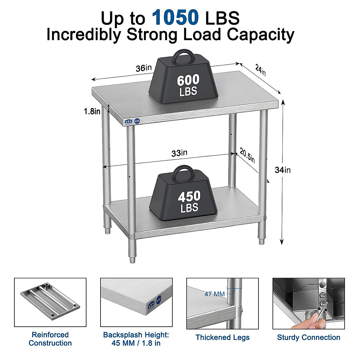 Leteuke Stainless Steel Prep Table, NSF Metal Work Table, SUS201 Commercial Heavy Duty Table with Adjustable Undershelf, Food Prep Table for Restaurant Kitchen - 36" x 24" x 34"