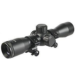 TWP 4x32 Compact Hunting Crossbow Archery Scope, Etched Glass Reticle Circles and Rangefinder, Only Circles Red or Green Illuminated, 1" Tube and Mid-Height Weaver Ring Mount