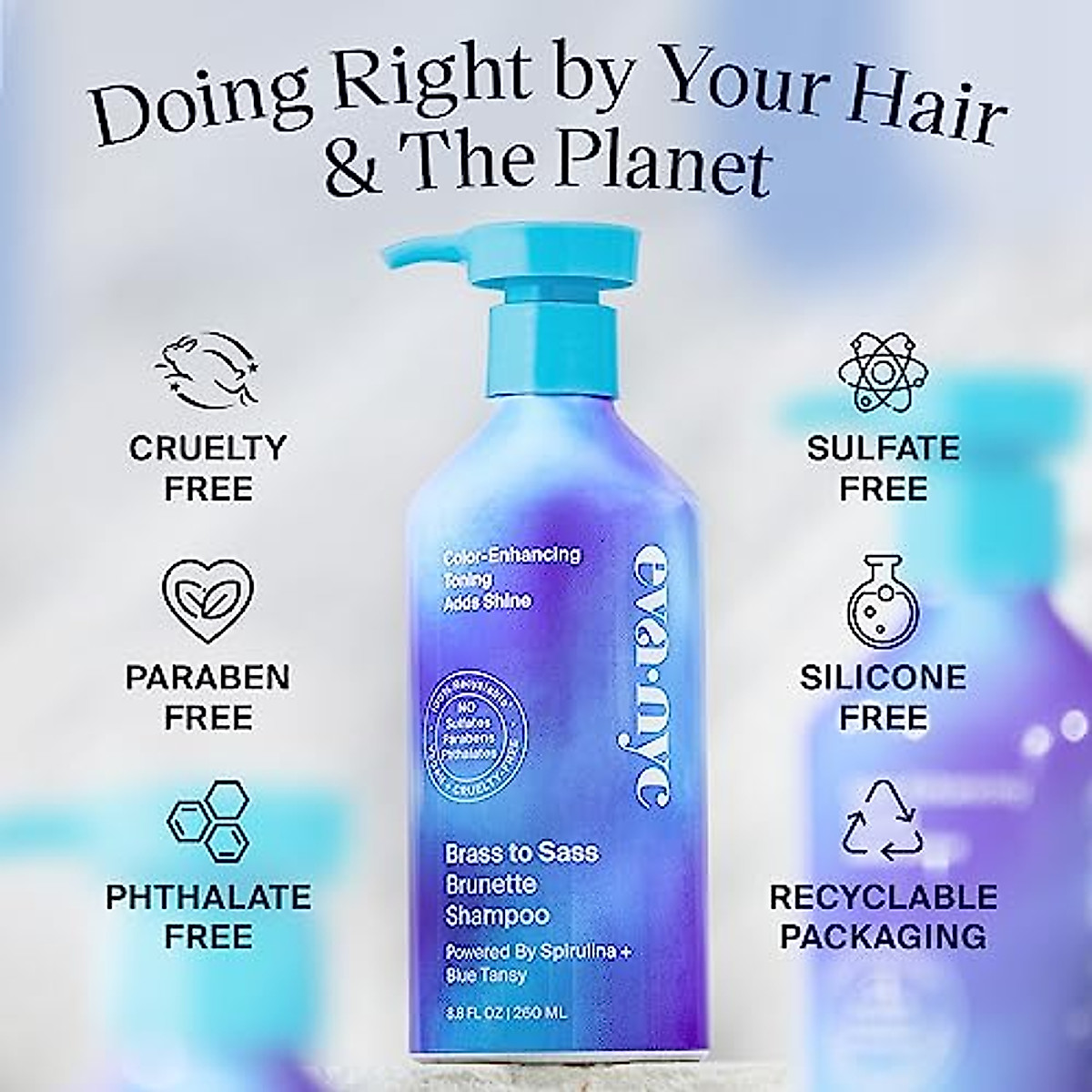 Eva NYC Brass to Sass Brunette Shampoo, Toning Blue Shampoo for Brunettes, Neutralizes Brassy Red and Orange Tones, Blue Shampoo for Color Treated Hair, 8.8 fl oz