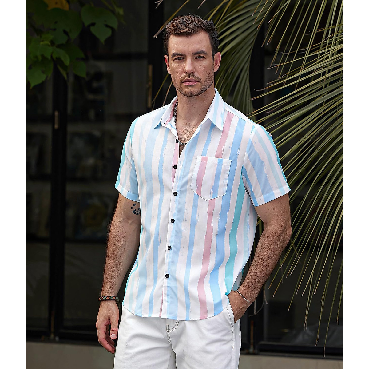 VATPAVE Mens Striped Summer Shirts Casual Button Down Short Sleeve Beach Stylish Untucked Hawaiian Shirts Small Blue Pink