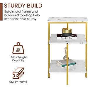 Lamerge Small End Table,3-Tier Gold Side Table,Rectangle Bedside Tables/Nightstand,Marble Coffee Table Corner Table w/Metal Frame,Small Table for Bedroom, Small Spaces,White+Gold