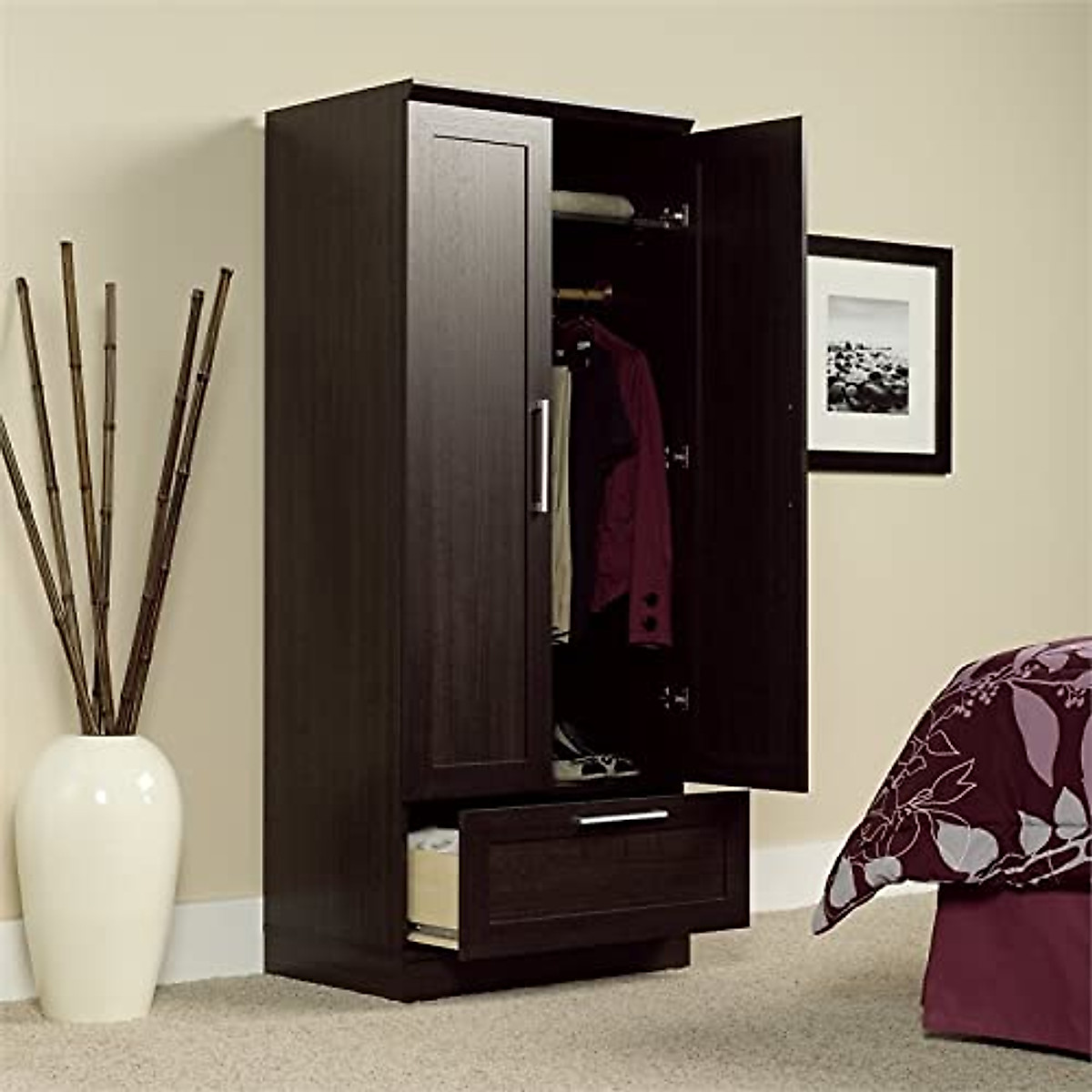 BOWERY HILL Metal Wardrobe Armoire with Garment Rod in Dakota Oak