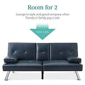 Best Choice Products Faux Leather Upholstered Modern Convertible Futon, Adjustable Folding Sofa Bed, Guest Bed w/Removable Armrests - Blue