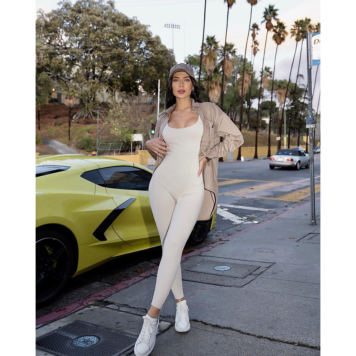 OQQ Women's Yoga Ribbed One Piece Tank Tops Rompers Sleeveless Exercise Jumpsuits Beige