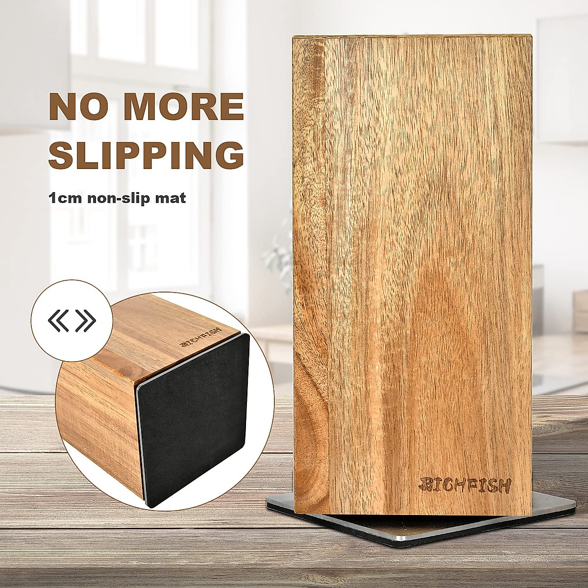 RICHFISH Magnetic Knife Block 360° Rotatable Knife Holder Magnetic Knife Strip Wooden Knife Block without Knives