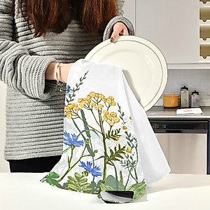 Moudou Herb Wildflowers Kitchen Dish Towel Set of 4, Soft Absorbent Hanging Fast Drying Dishcloths Tea Bar Towels, 18 x 28 Inch