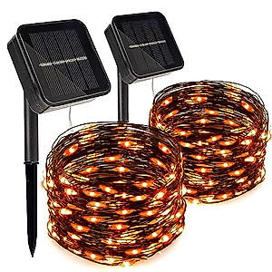 kemooie 2 Pack 100 LED Orange Solar Halloween Lights, 8 Twinkle Modes Waterproof Upgraded Solar Powered Fairy Lights, for Outdoor Garden Patio Christmas Halloween Decorations (Orange)