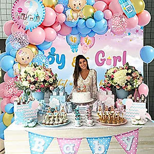 Gender Reveal Decorations Pastel Blue Pink Balloon Garland Arch Kit with Boy or Girl What do You Think Banner Backdrop Boy Girl Foil Mylar Balloons Gender Reveal Party Supplies