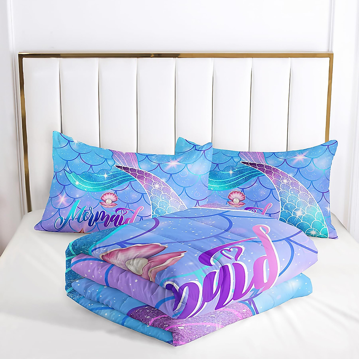 Tuzaovy Mermaid Twin Comforter Set for Girls,Twin Mermaid Bedding Sets for Girls,Mermaid Bed Set Twin for Girls,Rainbow Scales Mermaid Bedding Set,Bule Bedding Comforter Set,Mermaid Quilt Set Twin