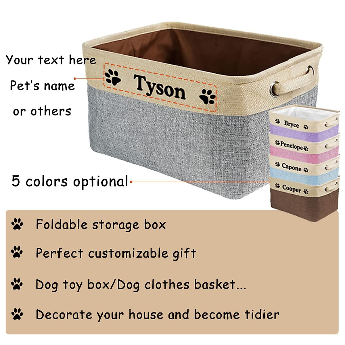 MALIHONG Personalized Dog Cat Toy Storage Basket with Pet's Name Sturdy Foldable Collapsible Storage Bin with Handles for Organizing Pet Stuff, Toys, Clothes, 15" x 9.8" x 9"