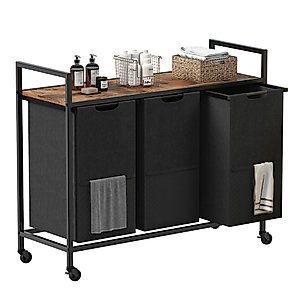 YESHOMY Laundry Sorter with Shelf, 3 Removable & Pull-Out Hamper Bags with Side Pockets, Large Clothes Organizer with Rolling Lockable Wheels, 3 x 12 Gal, Black