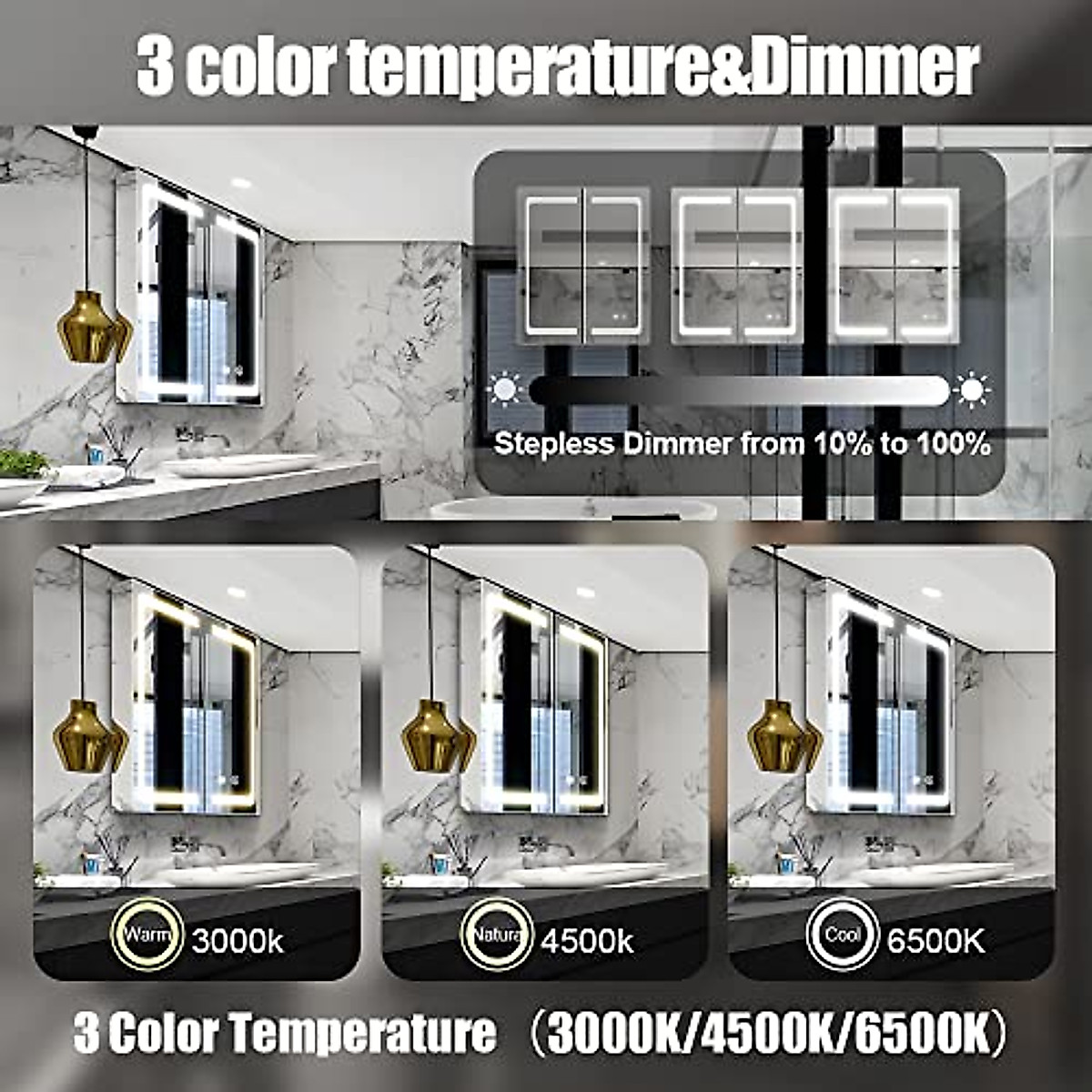 Janboe 24 Inch X 28 Inch Illuminated Led Mirror Cabinet for Bathroom Stainless Steel Wall Mounted Medicine Cabinet with Double Touch Switches for Clor Change, Dimmer and Anti-Fog Function