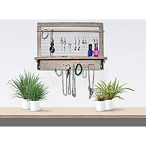 Spiretro Jewelry Organizer, Wall Mount Jewelry Holder Rack with Hooks Shelf and Removable Rod, Hanging Earrings Necklaces Bracelets Rings, Storage Accessories, Rustic Wood_Grey