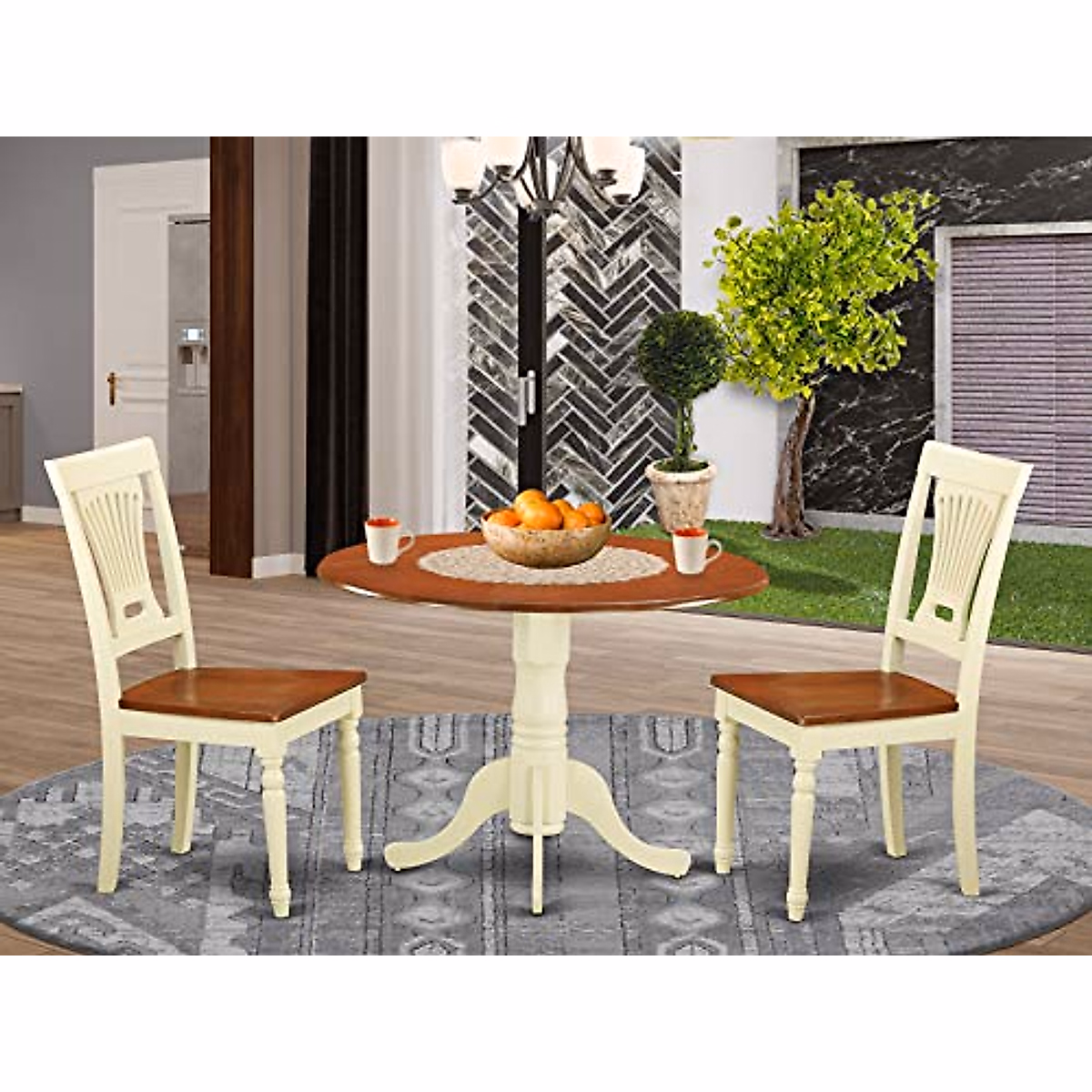 East West Furniture Dublin 3 Piece Kitchen Set for Small Spaces Contains a Round Table with Dropleaf and 2 Dining Room Chairs, 42x42 Inch, Buttermilk & Cherry