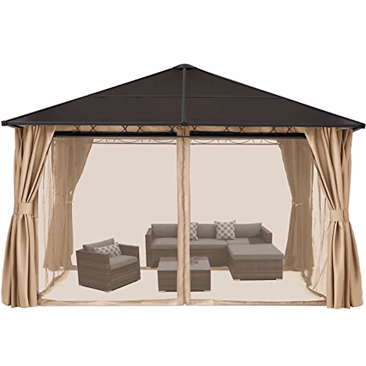 COOSHADE 10×12 Polycarbonate Roof Patio Gazebos Waterproof Outdoor Gazebo with Curtains and Mosquito Netting (Khaki)