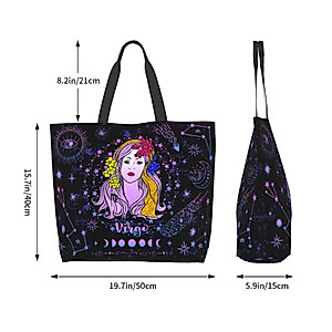 JASUTOT Virgo Constellation Tote Bag Large Canvas Zodiac Sign Astrology Shoulder Tote Handle Bag For Gym Beach Weekender Travel Shopping