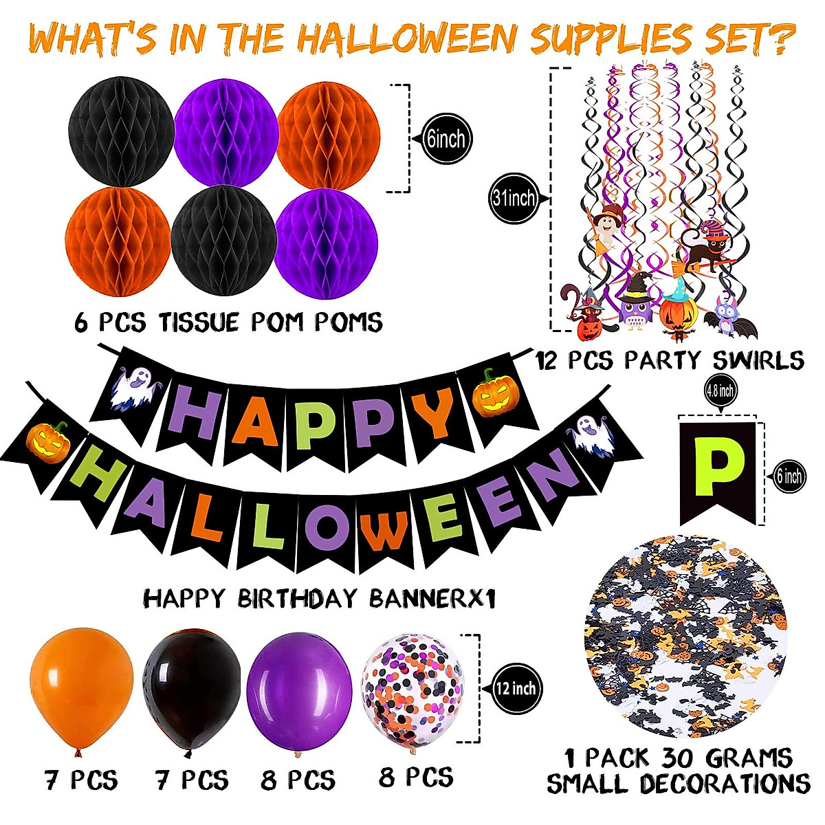 Happy Halloween Banner Paper Honeycomb Ball Swirl Streamers Circle Confetti Dots Balloons Pumpkin Ghouls Bat Cat for Halloween Party Decorations Indoor Outdoor Wall Door Decoration
