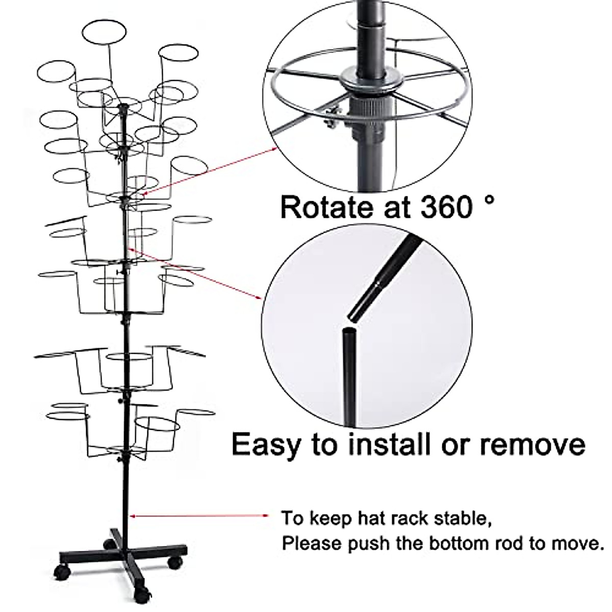 tonchean Floor Stand Hat Racks 7 Tier Hat Display stand Baseball Cap Wig Display Rack Metal Freestanding Hat Stands Rack Commercial Large 35 Hats or Wigs