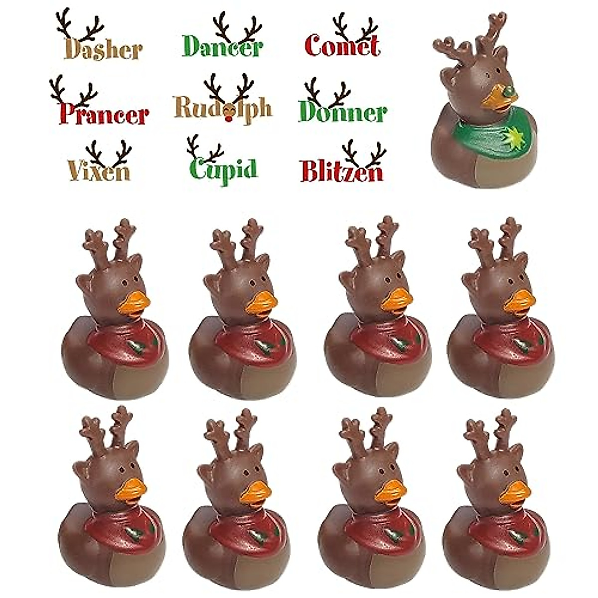 Cool Winter Holiday Christmas 9 Reindeer Rubber Duckies (2") Standard Size. (9 Pack) Cute Duck Bath Tub Pool Toys. (Reindeer Rubber Ducks)