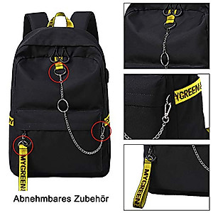 El-fmly Fashion Backpack with USB Charging Port for Travel, Lightweight School Bookbags with Cool Letters Strap for Teenage Girls & Women (Black+Grey)