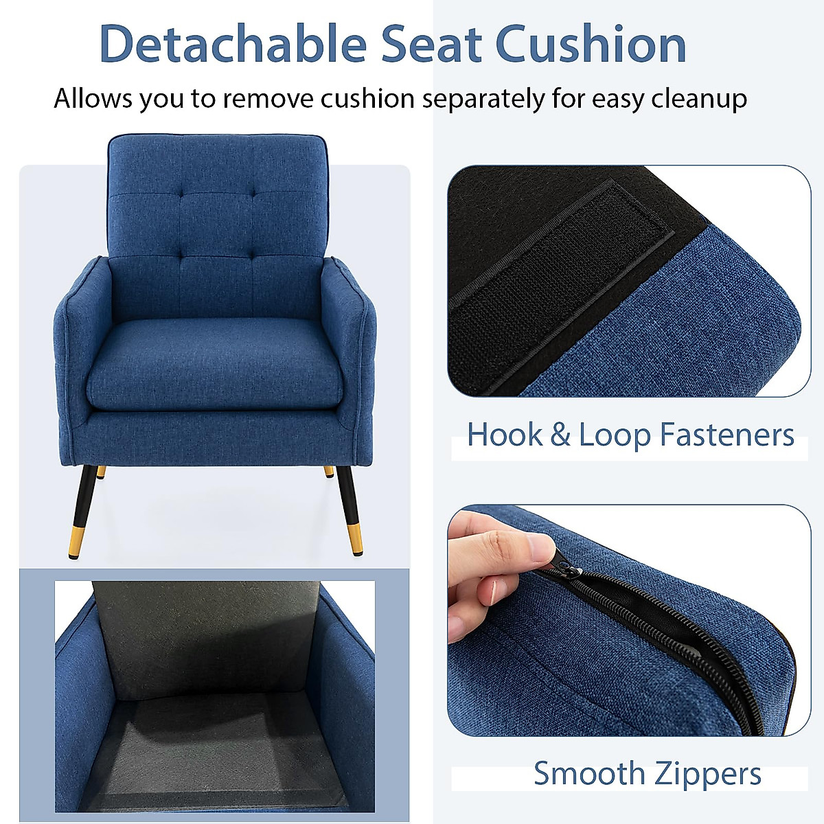 Giantex Modern Mid-Century Accent Chair - Upholstered Armchair with Tufted Back, Metal Legs, Adjustable Foot Pads, Linen Fabric Single Sofa Chair for Reading, Living Room Chair for Bedroom, Blue