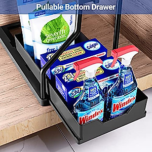 Puricon 2 Pack Under Sink Organizer, 2-Tier L-Shape Sliding Under Sink Organizers and Storage, Under Counter Storage Organizer Pull Out Under Sink Storage for Kitchen Bathroom -Black