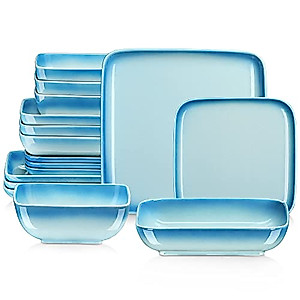 LOVECASA Square Dinnerware Sets for 4, 16 PCS Gradient Dishes Set,Stoneware Dinner Plates/Dessert Plates/Soup Plates/Cereal Bowls,Gradient Sky Blue