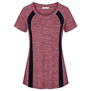 Helloacc Womens Scoop Neck Short Sleeve Yoga Top Loose Fit Sport Workout T Shirt Wine Red