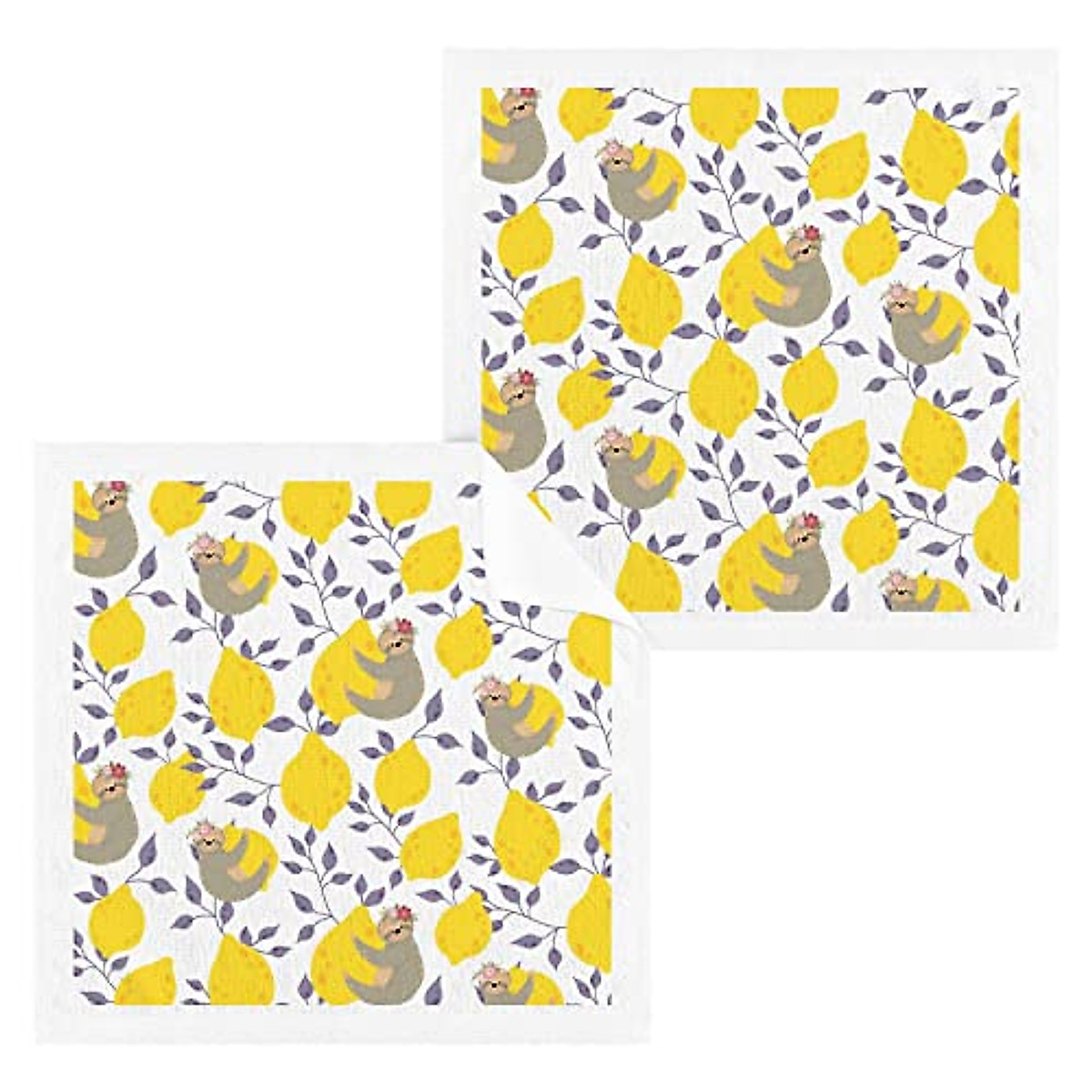 ALAZA Cute Sloths Yellow Lemons Towels Cotton Washcloths Set, Soft Absorbent Quick Dry Face Cloths, Multi-Purpose Fingertip Towels for Bathroom,Hotel,Travel,12'' x 12'' (2 Pack)