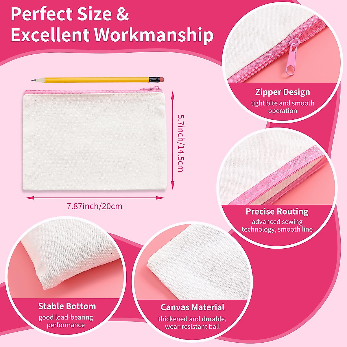 50Pcs Canvas Makeup Bags Bulk, 7.87 x 5.7 Inch Cotton Sublimation Blank DIY Heat Transfer Cosmetic Makeup Bag w/Colorful Zipper for Bridesmaid Makeup Bag Travel Toiletry Pouch Storage, Christmas Craft