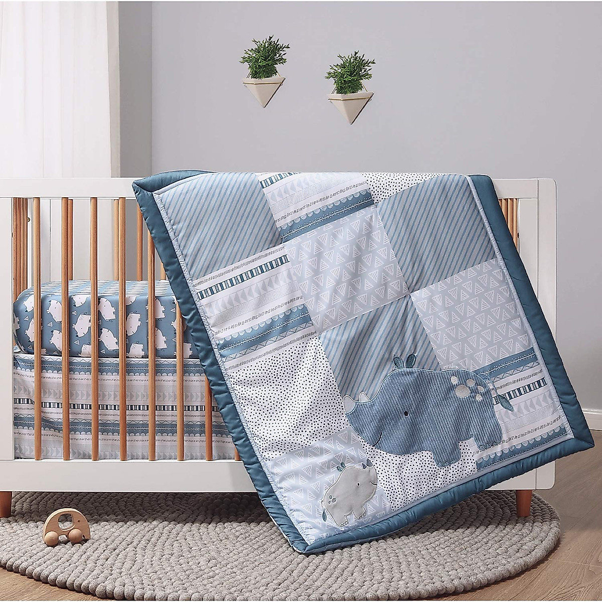 The Peanutshell Crib Bedding Set for Boys or Girls, Unisex 3 Piece Blue Rhino Nursery Collection