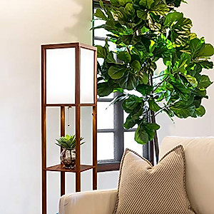 Brightech Maxwell - Modern Shelf Floor Lamp with Lamp Shade and LED Bulb - Corner Display Floor Lamps with Shelves for Living Room, Bedroom and Office - Walnut Brown