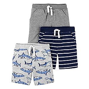 Simple Joys by Carter's Toddler Boys' Knit Shorts, Pack of 3, Grey/Light Grey Heather Sharks/Navy Stripe, 3T
