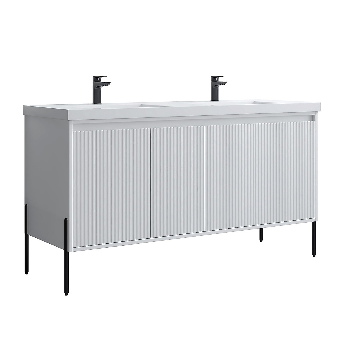 Dowell 60“ Fluted Design Vanity Set – Modern Bathroom Cabinet with Soft-Close Door & Shelf.Glossy White- 0026021V/6122BP