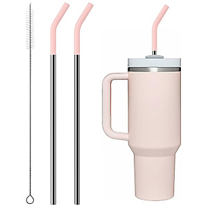 Bluwing Metal Straw with Silicone Tip for 40oz Stanley Cup, 2 Pcs Stainless Steel Straws Replacement for Stanley 40 oz 30 oz Adventure Quencher Travel Tumbler Cup, 1 Straw Brush (Light Pink)