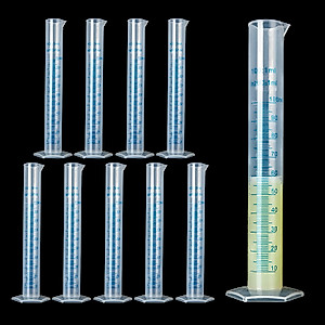 10Pack 100ml Plastic Graduated Cylinder, Transparent Measuring Cylinder Lab Test Tube Flask, 2 Sided Measuring Lines Graduated Cylinder Beaker for Science Lab Project, Pour Spout & Hexagonal Base