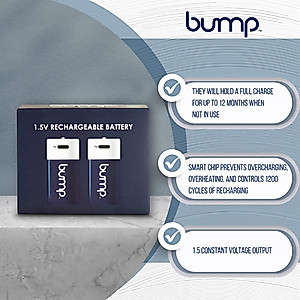 bump D 1.5V Rechargeable Batteries - 2 Pack - Lithium Ion, 12000 mWh, Fast & Long Lasting USB-C Charge, Use in Flashlights, Devices w/Extended Running Time Requirements, Charger Cable Included