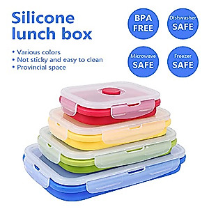 VIGIND Set of 4 Collapsible Foldable Silicone Food Storage Container With BPA Free, Leftover Meal Box With Airtight Plastic Lids For Kitchen, Bento Lunch Boxes-Microwave, Dishwasher and Freezer Safe
