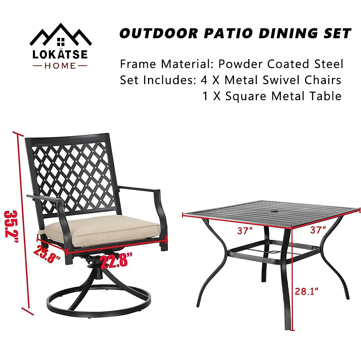 LOKATSE HOME 5 Piece Patio Dining Set Outdoor Furniture 4 Swivel Chairs with Cushion and 37" Square Umbrella Hole Table for Bistro Backyard Garden, Khaki