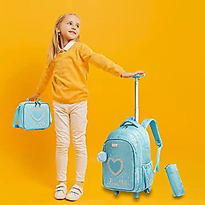Egchescebo Kids Love Heart Rolling Backpack for Girls Suitcases Trolley Backpacks with Wheels Roller Luggage on Wheels with Lunch Box Pencil Case for Elementary Travel School Bag Blue