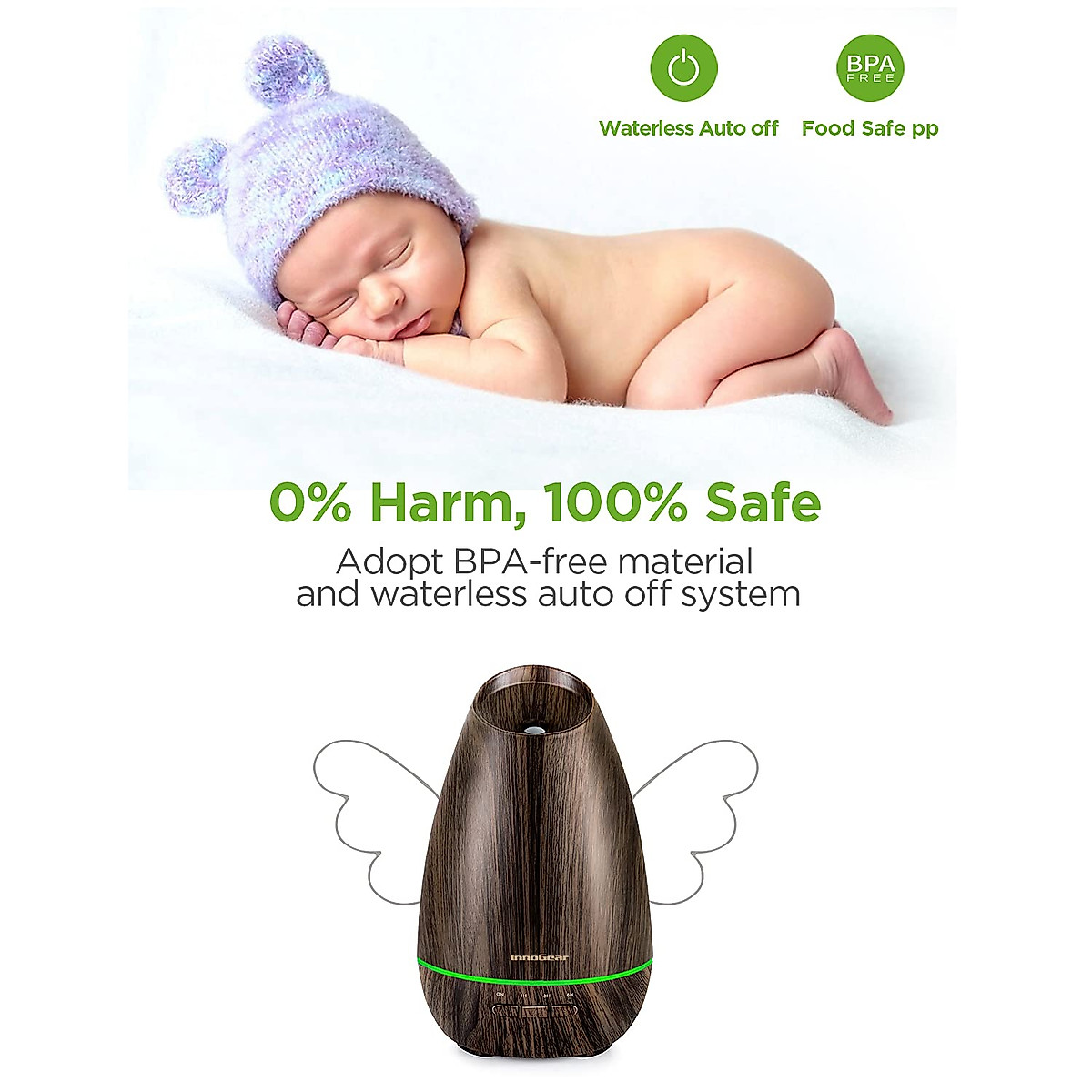 InnoGear Essential Oil Diffusers, 400ml Aromatherapy Diffuser for Essential Oils Cool Mist Humidifier with 4 Timer Adjustable Mist Waterless Auto-Off for Home Office Bedroom, Brown Wood Grain