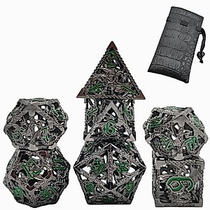 DND Dice Set Dungeons and Dragons Metal D&D Dice Polyhedral Dice Set RPG MTG Pathfinder Shadowrun Roleplaying Dice Games Gifts Accessories D N D Hollow Dice D20 D12 D10 D8 D6 D4, Black Nickel Green