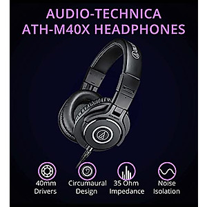 Audio Technica ATH-M40x Professional Studio Monitor Headphone Black Bundle with Antlion Audio ModMic Wireless, Blucoil 6' 3.5mm Extension Cable, Headphone Amp, Headphone Hook and Slappa Headphone Case
