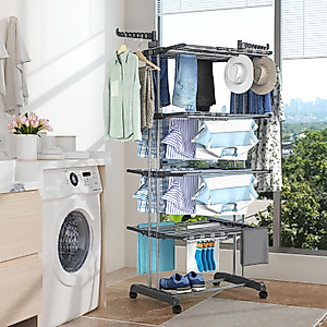 5 Tier Clothes Drying Rack Oversized, Foldable& Adjustable Height Rolling Clothes Rack Stainless Steel with 4 Castor, 32 Drying Poles,14 Hook& 4 Sock Clippers, Drying Rack Clothing for Indoor& Outdoor