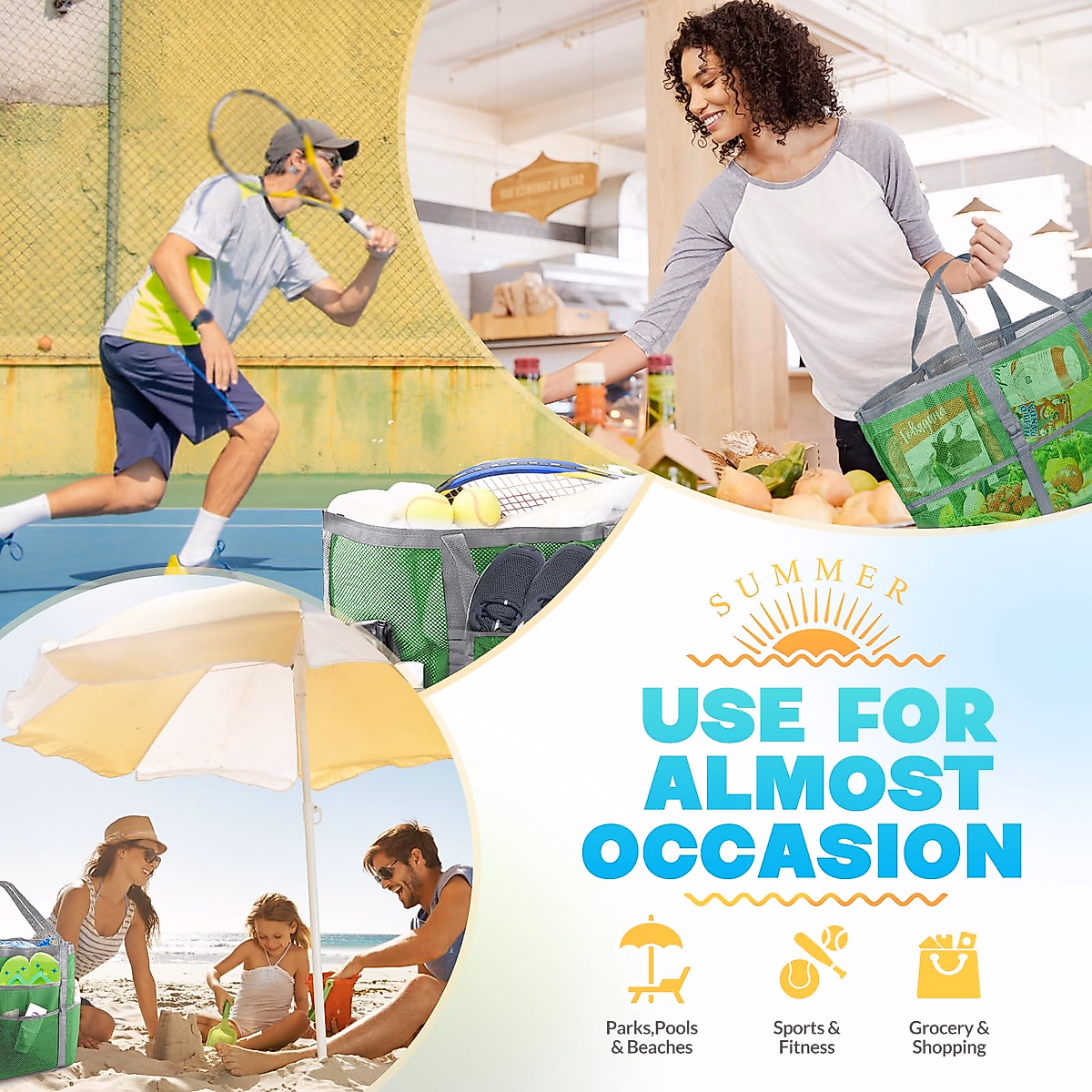 EASYFUN Beach Bag Large Mesh Beach Bag Lightweight Beach Tote with 9 Pockets Foldable Vacation Trip Essentials