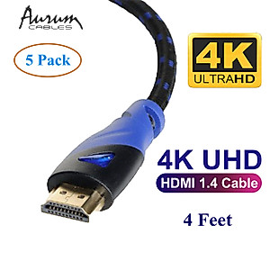 AURUM CABLES Ultra 4K HDMI Cable 4 ft Braided High-Speed HDMI Cord Supports TV, Gaming, Ethernet, HDR, ARC, UHD, 3D, HDTV, 10.2 Gbps, Compatible with PC, Laptop, PS4, Xbox, Roku, Blue-ray, 5 Pack
