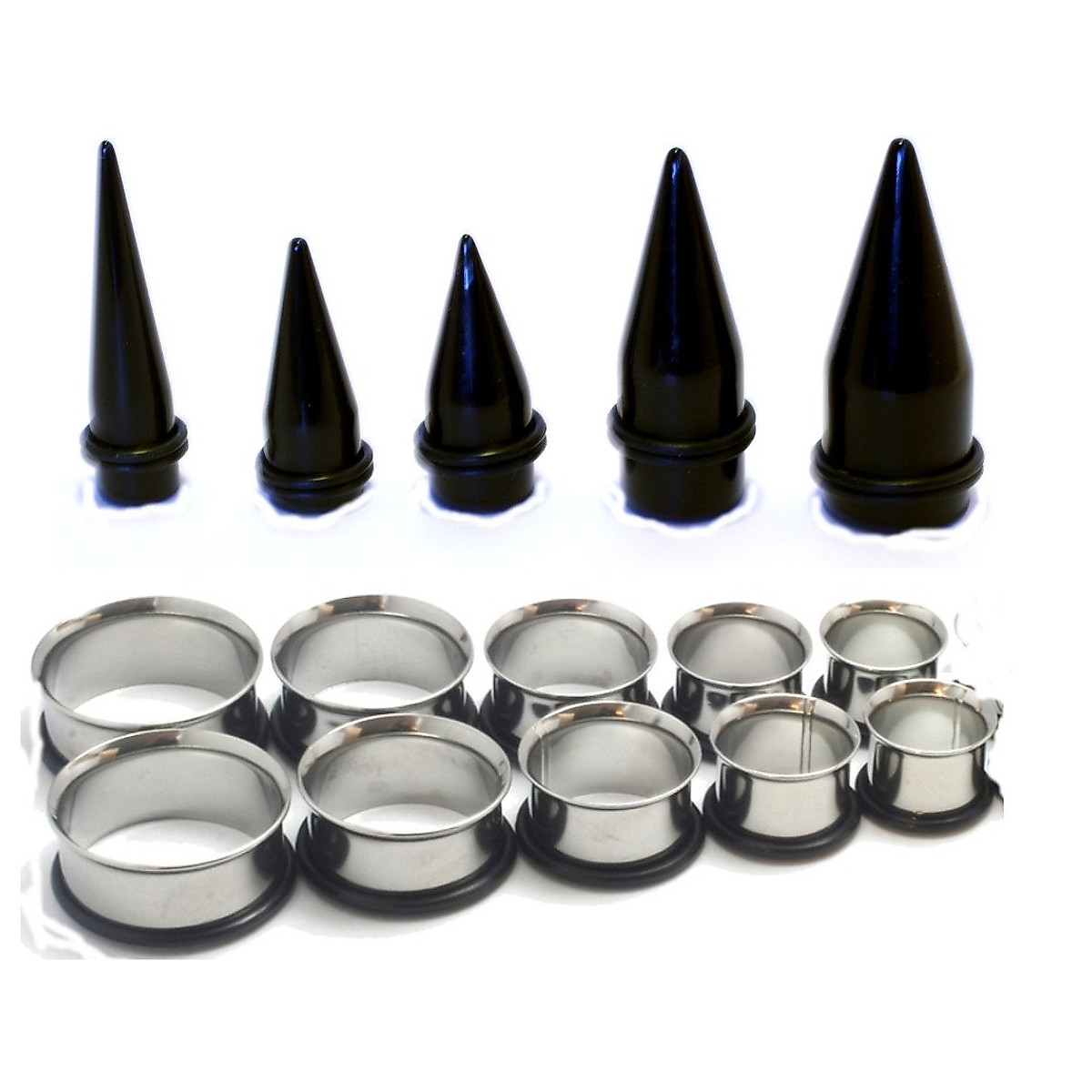 Zaya Body Jewelry 15 Pc Huge Tapers Ear Stretching Kit Black Tapers and Surgical Steel Tunnels 0g-1 inch (7/16" 1/2" 9/16" 5/8" 3/4")