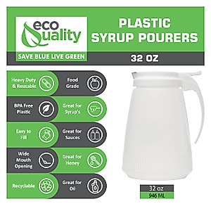 [1 PACK] EcoQuality 32oz Plastic Syrup Dispenser with Plastic Lid and Stainless Steel Slide Cover - Syrup, Sugar, Honey Dispenser - Perfect for Diners, Restaurants, Home, Office, Disposable (32 Ounce)
